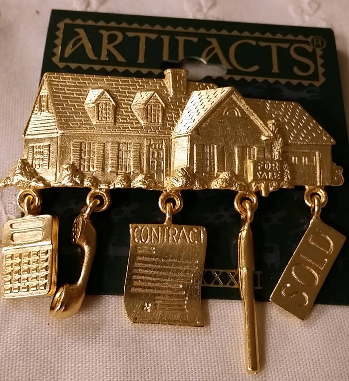 Vintage JJ Artifacts Real Estate Pin With Dangling Charms Pin Gold Tone ...