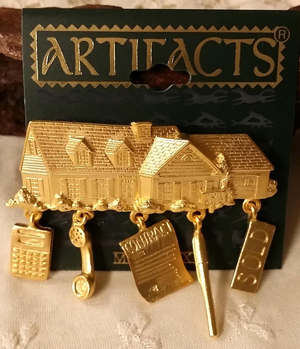 Vintage JJ Artifacts Real Estate Pin with Dangling Charms Pin | Etsy