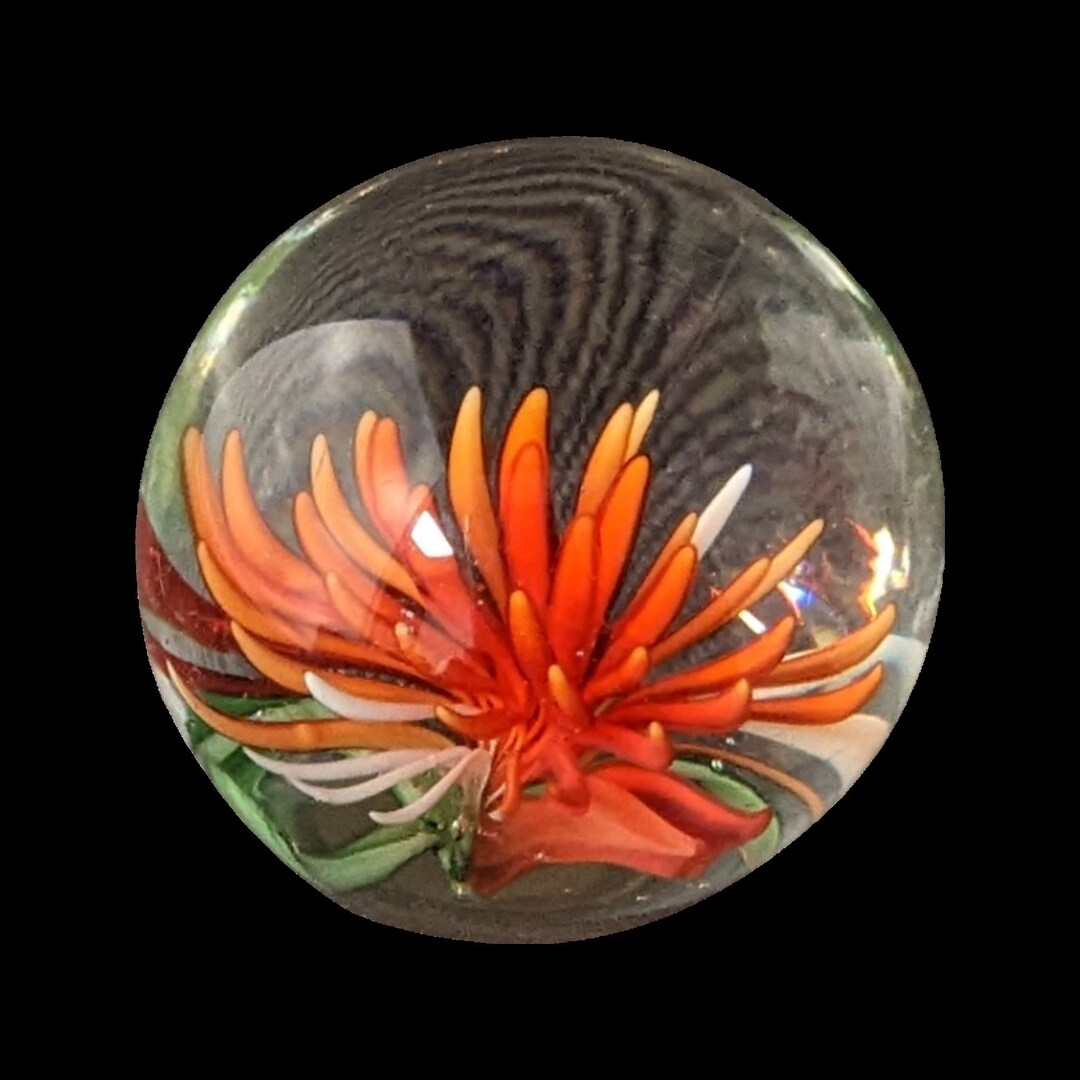 Vintage Art Glass Paperweight 2 Red Orange Flower Green - Etsy