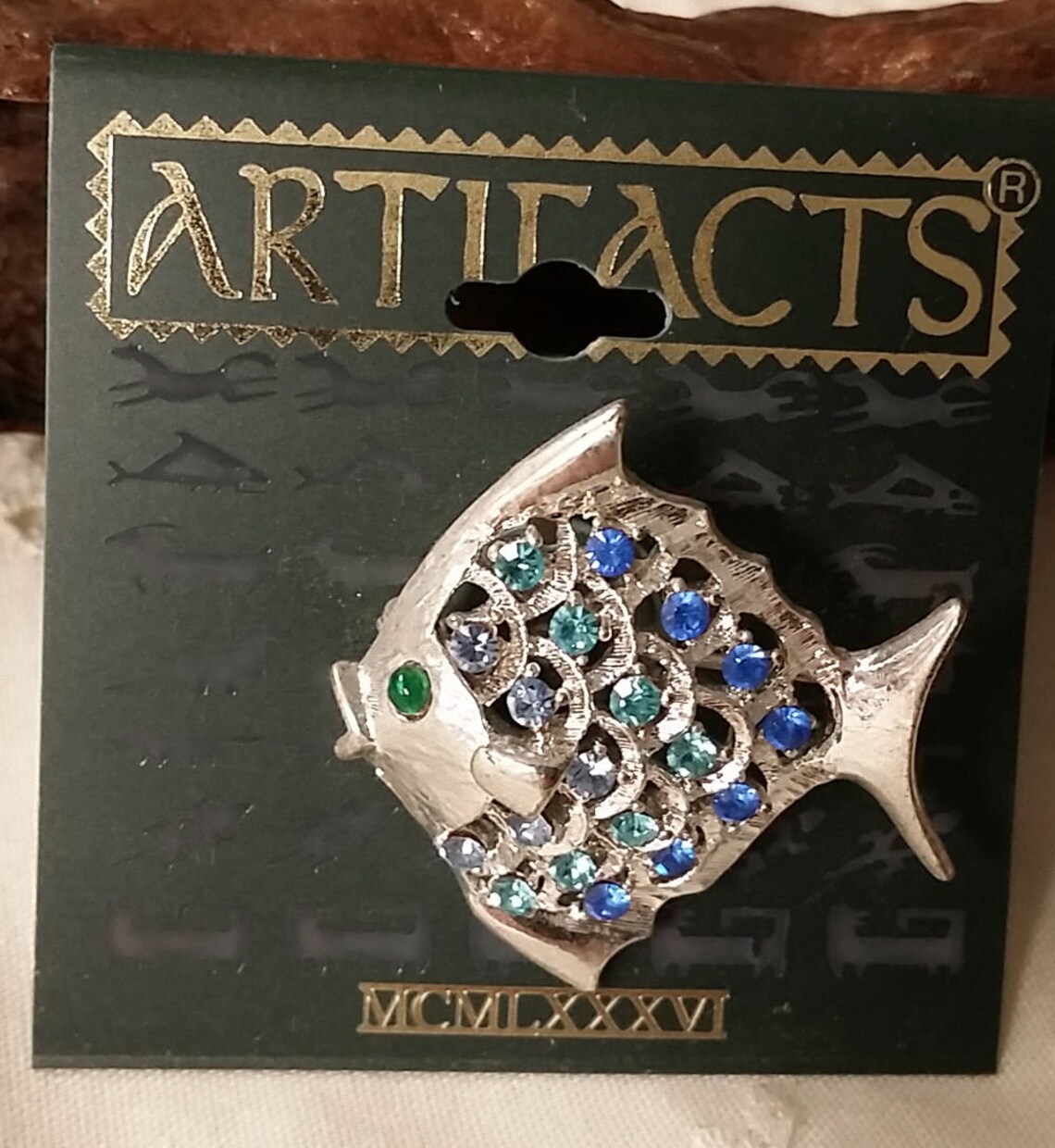 JJ Artifacts Silvertone Blue Rhinestone Puff Fish Pin Brooch NOS New on ...