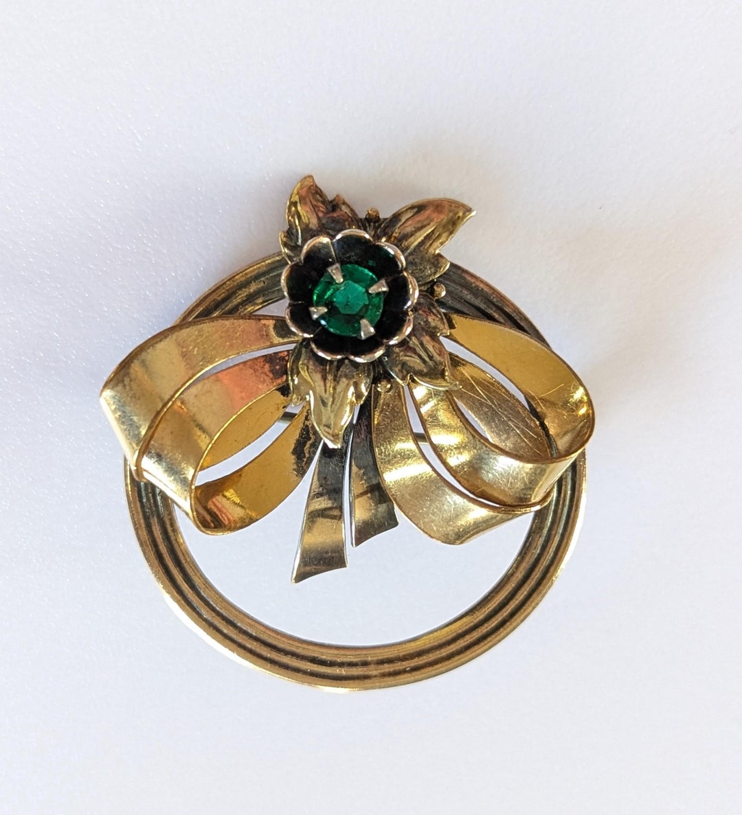 Harry Iskin 1930's Emerald Green Stone GF Circle Bow Pin Early Iskin ...