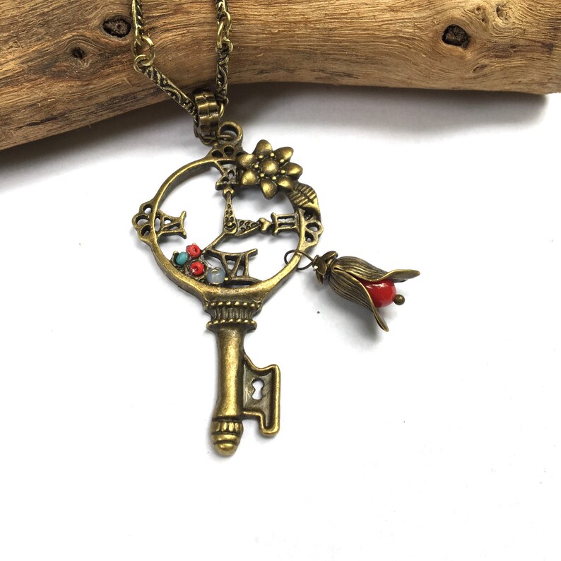 Large Bronze Steampunk Key Skeleton Key Clock Flower Pendant | Etsy