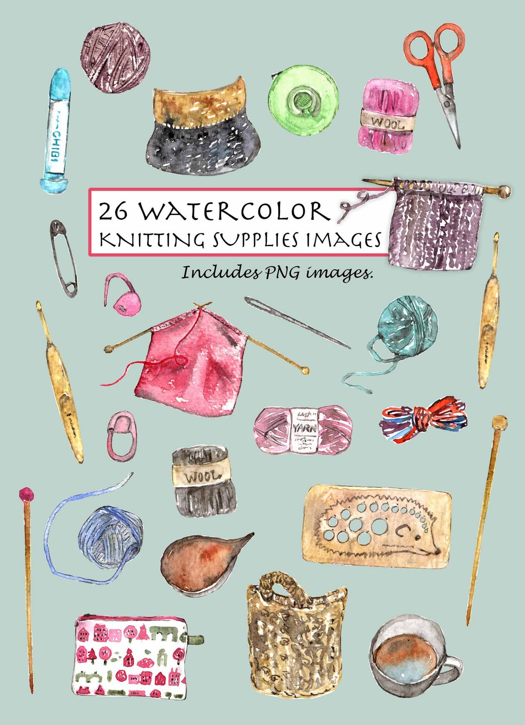 Watercolor Knitting Supplies Clip Art: 26 PNG Images (digital Download ...