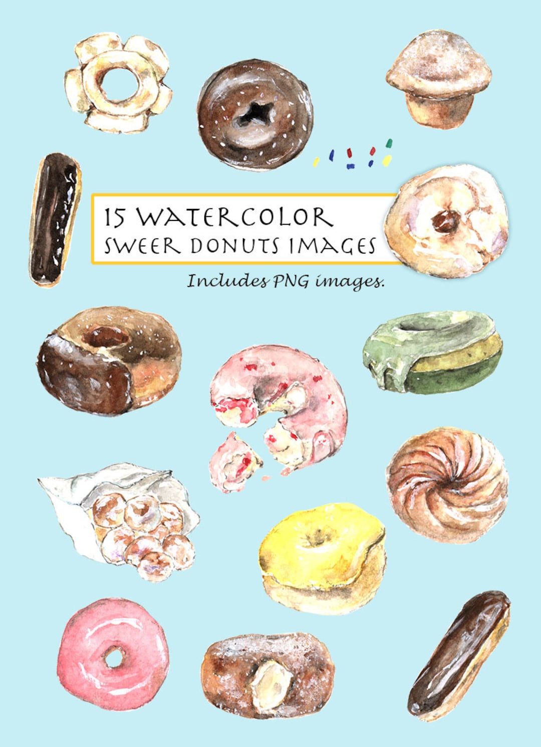 Watercolor Donuts Clipart Set: Bakery PNG Images (digital Download) - Etsy