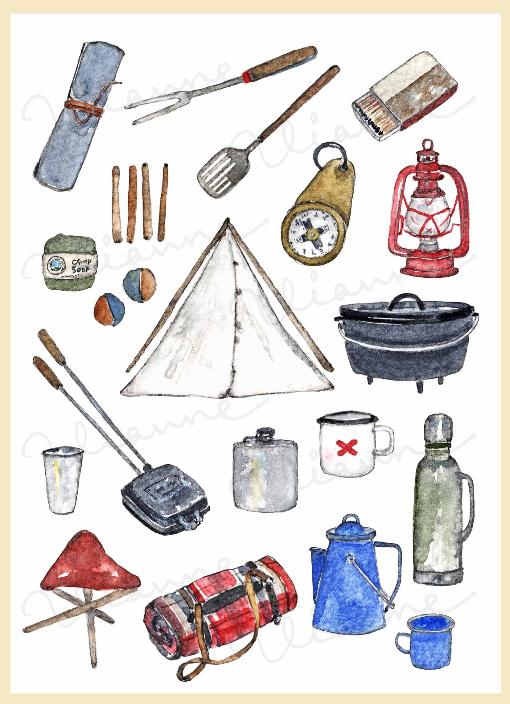 CLIP ART Watercolor Camping Essentials Set. 20 Images. - Etsy