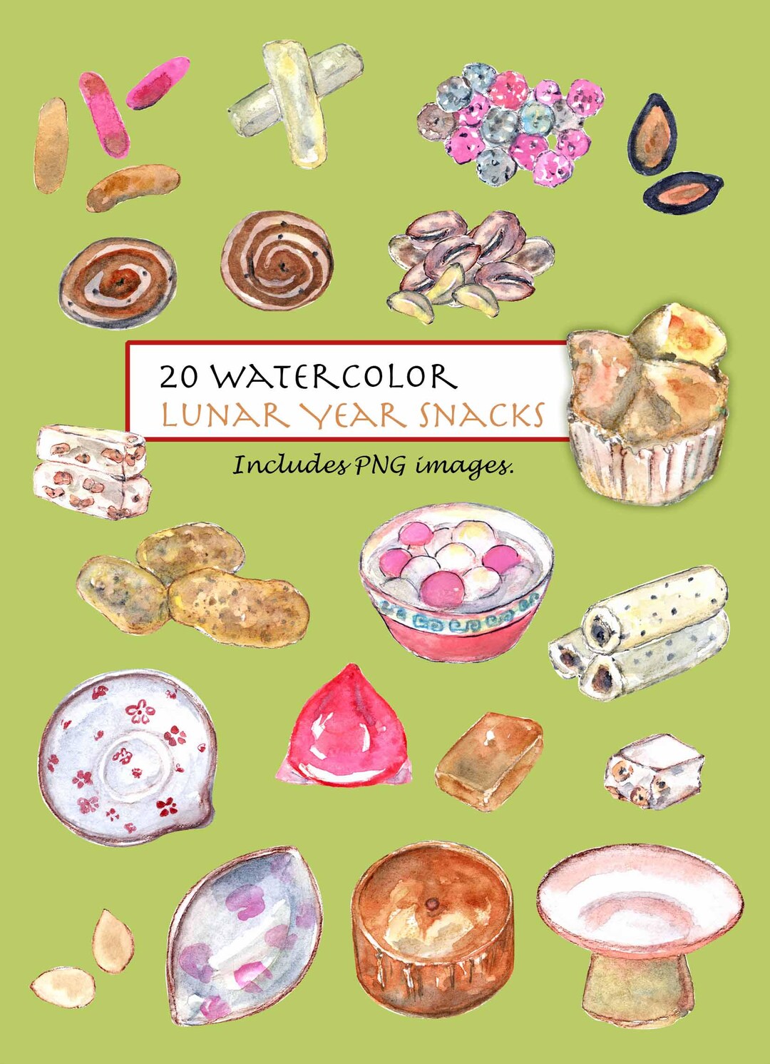 CLIP Art-watercolor Lunar Year Snacks Set. 20 Images. Digital Download ...