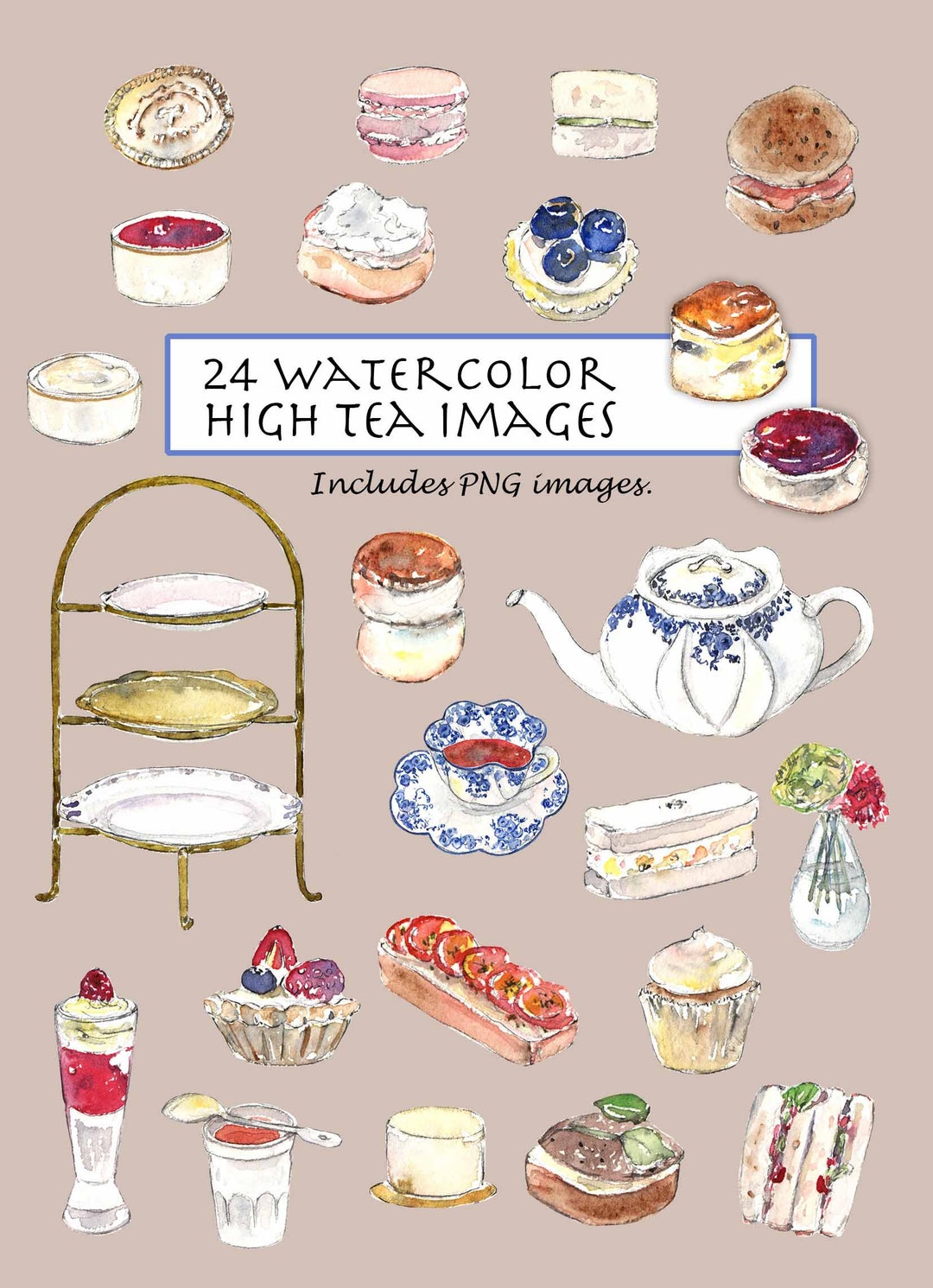 CLIP ART- Watercolor High Tea Set. 24 Images. Digital Download. Tea ...