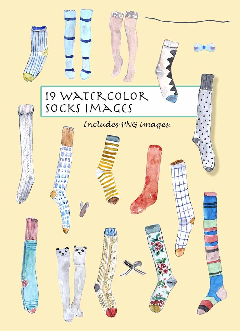 CLIP ART- Watercolor Socks Set. 19 Images. Digital Download. Knee Socks ...