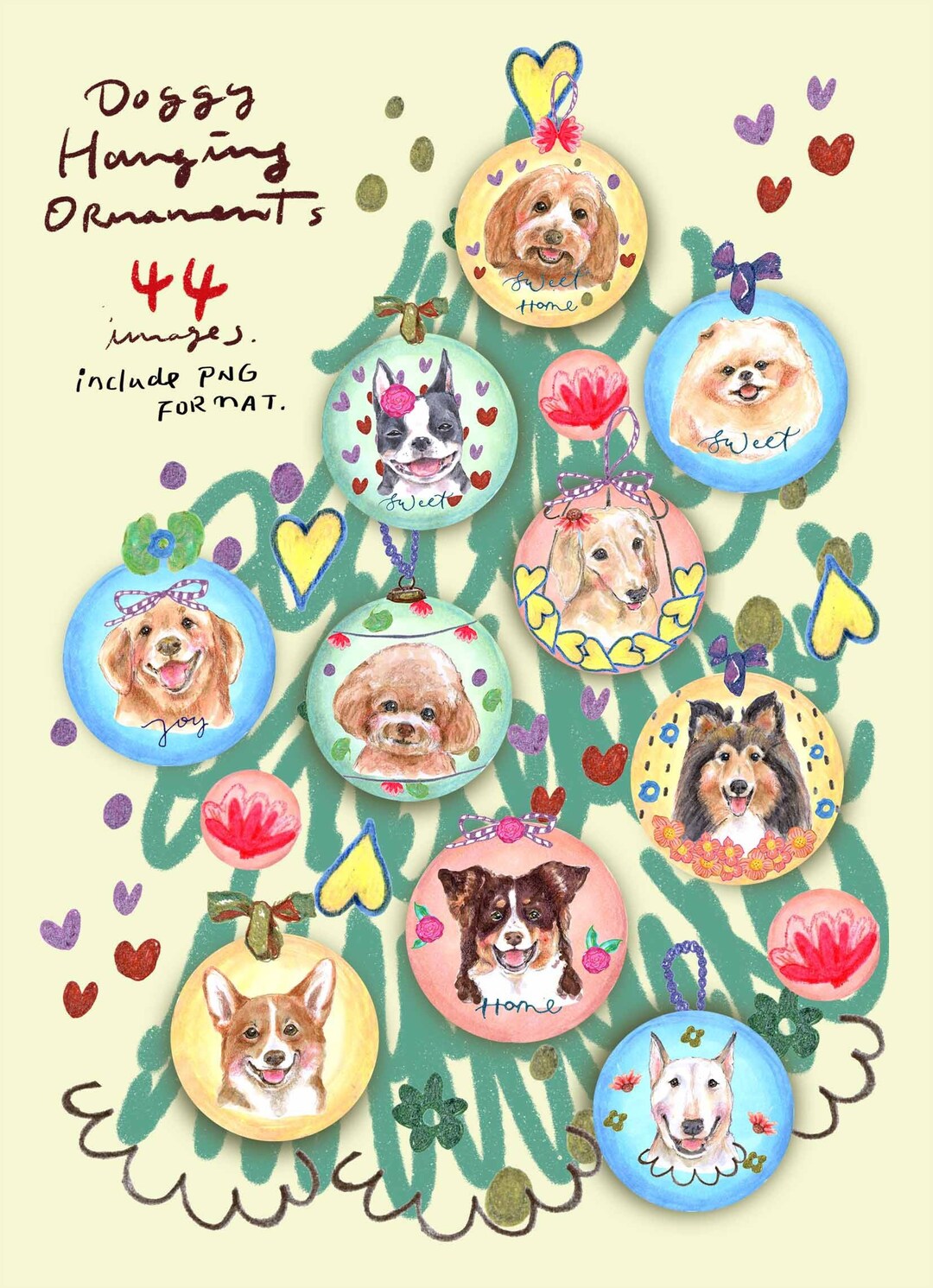 CLIP ART- Doggy Hanging Ornaments Set. 44 Images. Digital Download ...