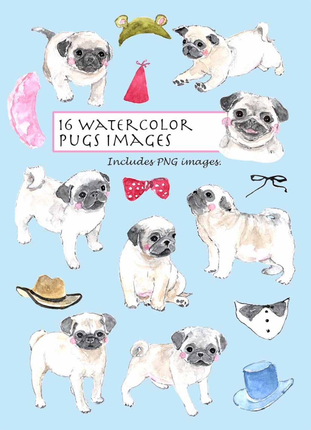 CLIP ART- Watercolor Pugs Set. 16 Images. Digital Download. - Etsy