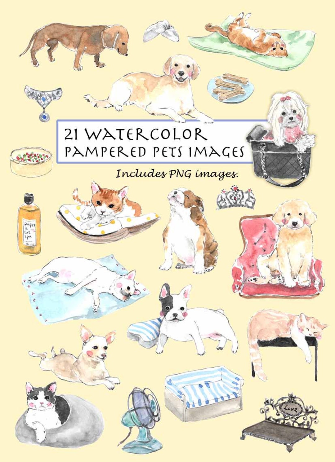 CLIP ART- Watercolor Pampered Pets Set. 21images. Digital Download ...