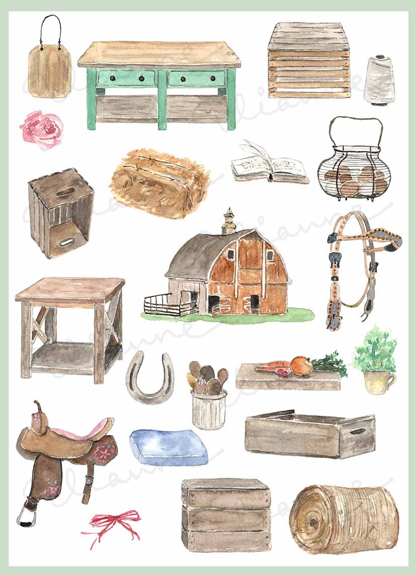 Watercolor Rustic Life Clip Art Set: Barns, Horse Bridal (digital ...