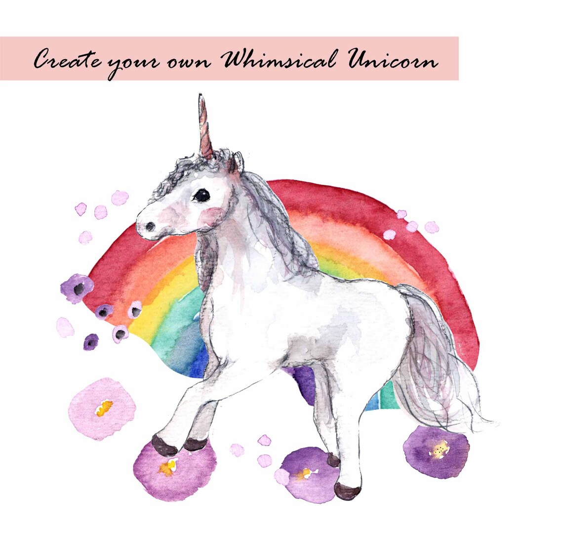 Watercolor Unicorn & Rainbow Clipart Set: Whimsical PNG Images (digital ...