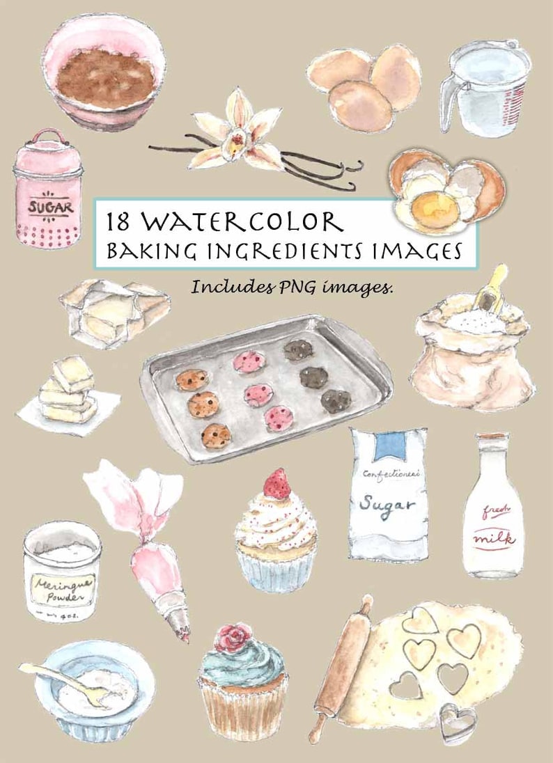CLIP ART- Watercolor Vintage Baking Ingredients Set. 18 Images. Digital ...