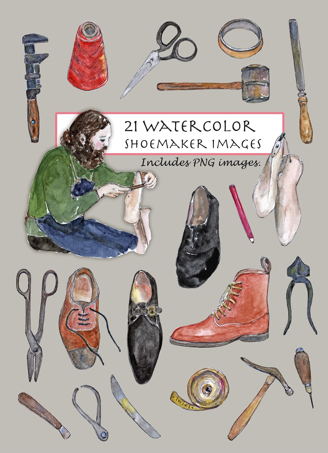 CLIP ART- Watercolor Shoemaker Set. 21 Images. Digital Download. Hand ...