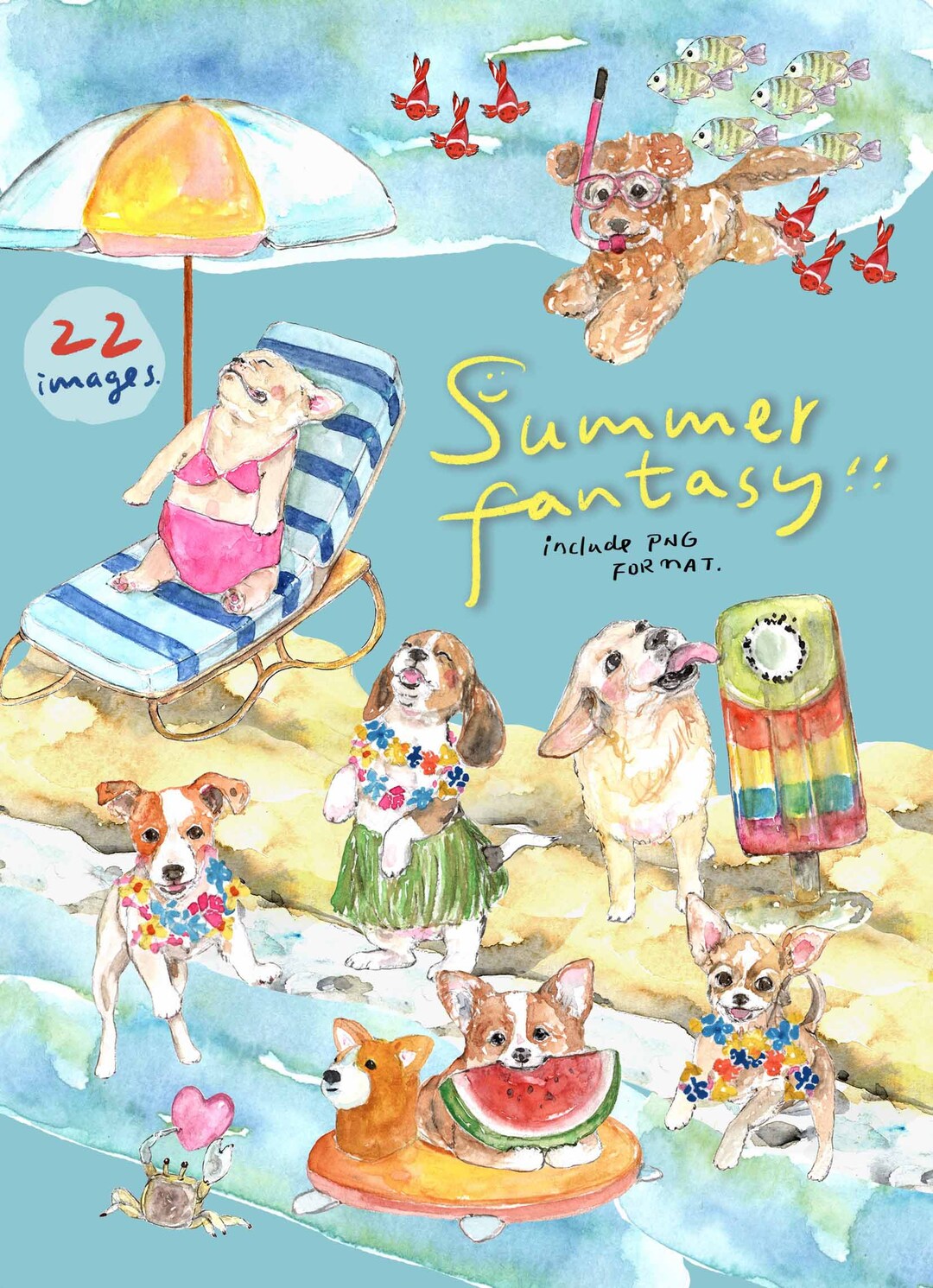 CLIP ART- Watercolor Summer Dogs Fantasy Set. 22 Images. Digital ...