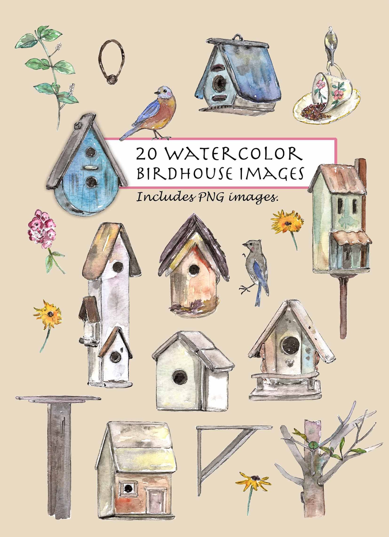 CLIP ART Watercolor Birdhouse Set. 20 Images. Digital - Etsy New Zealand