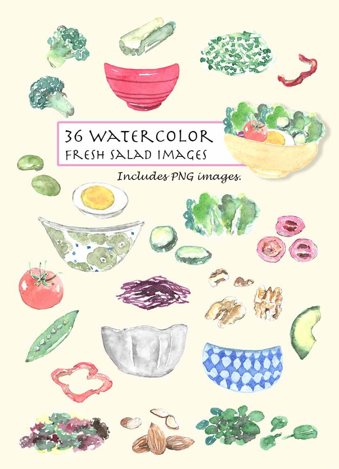 Watercolor Salad Clipart Set: 36 Fresh Vegetable Images (digital ...