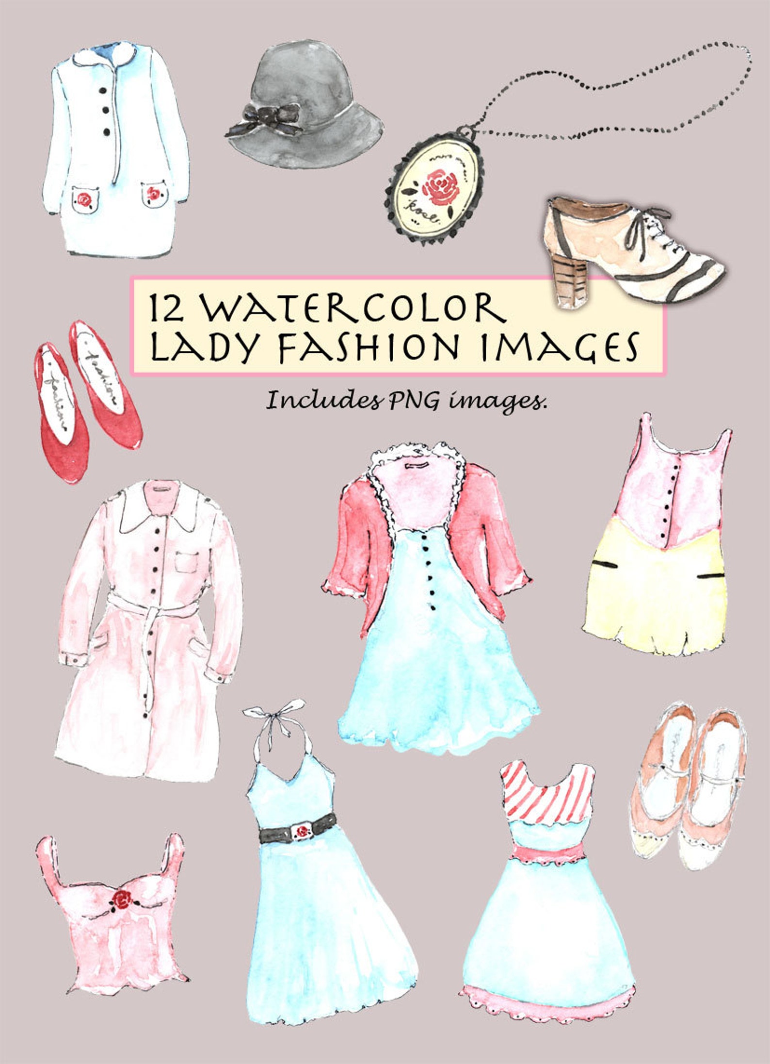 Watercolor Vintage Fashion Clip Art: Lady Clothing Images (digital ...