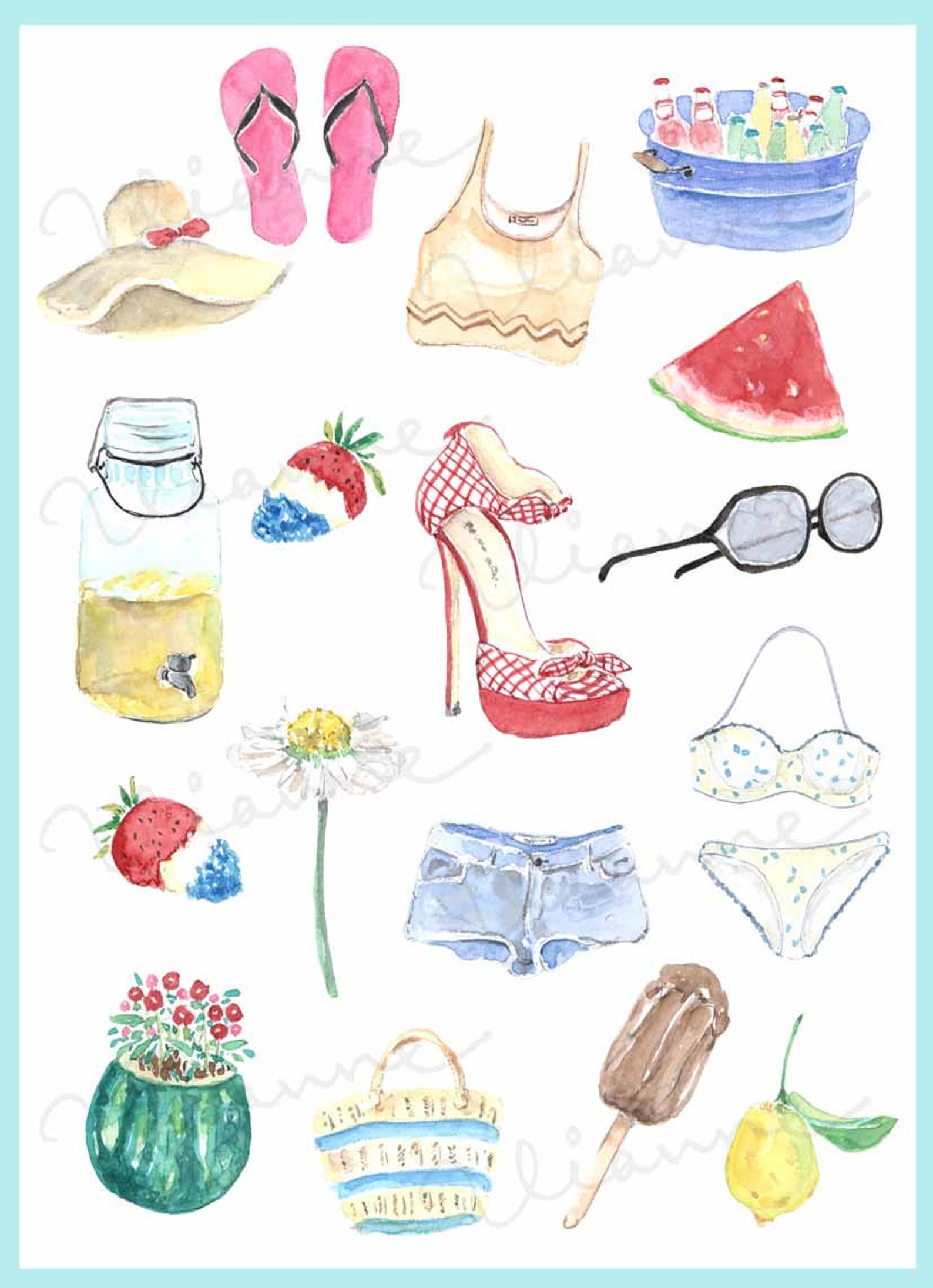 Watercolor Summer Clip Art Set: Vintage Style Images (digital Download ...
