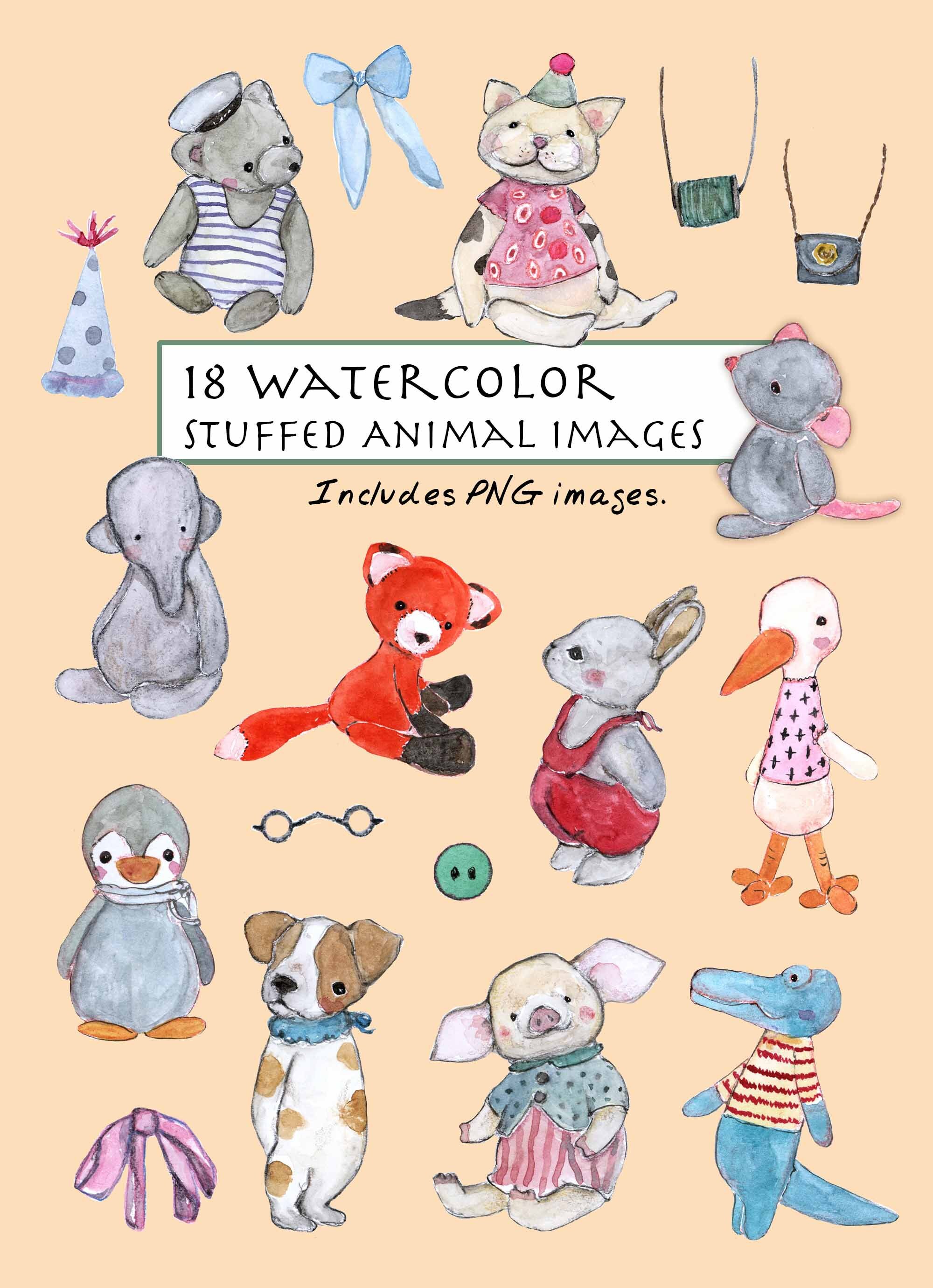 CLIP ART- Watercolor Vintage Stuffed Animals Set. 18 Images. Digital ...