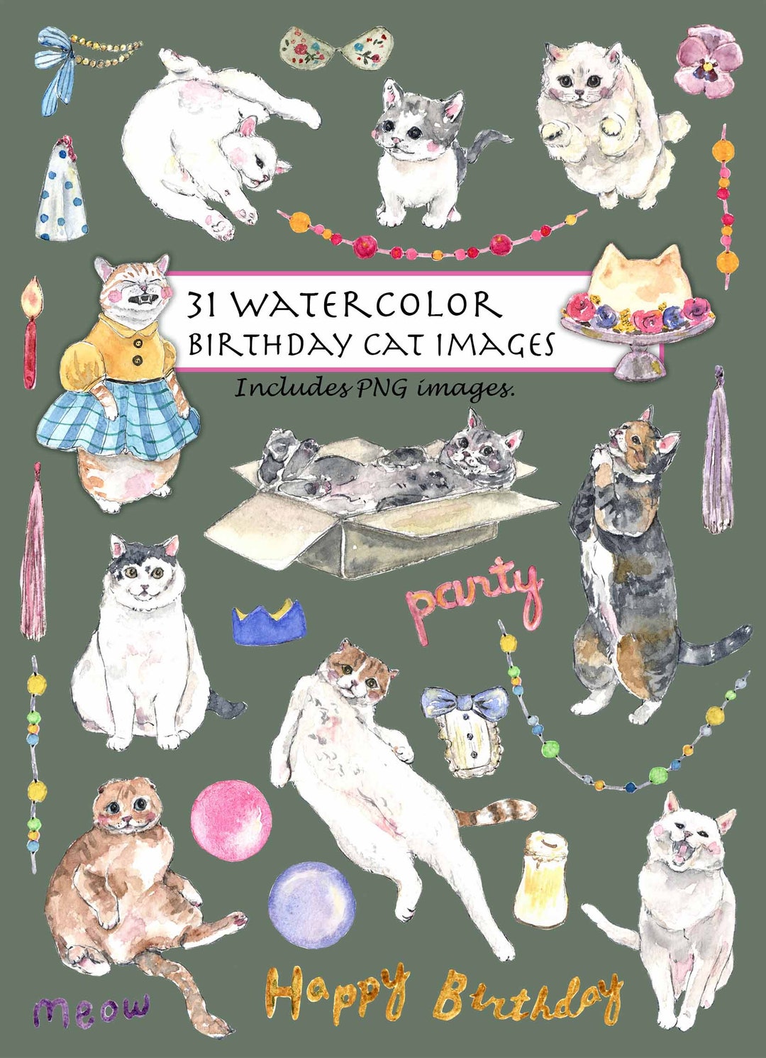 Watercolor Birthday Cat Clipart: 31 PNG Images (digital Download) - Etsy