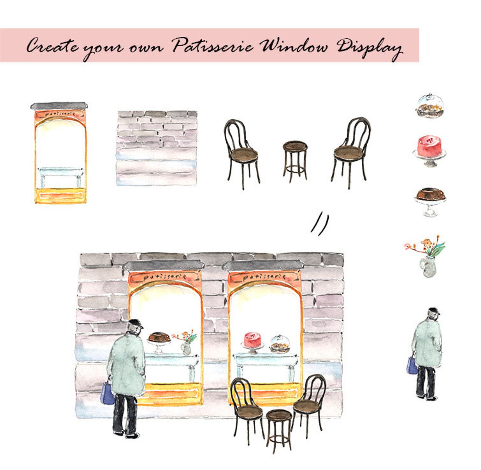 CLIP ART- Watercolor Patisserie Window Display Set. 27 Images. Digital ...