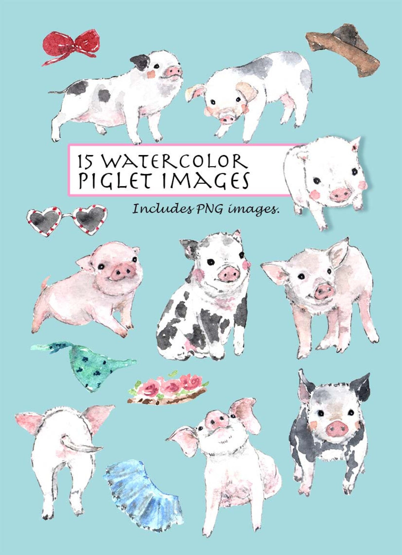 CLIP ART Watercolor Piglets Set. 15 Images. Digital Download. Pig. Pink ...