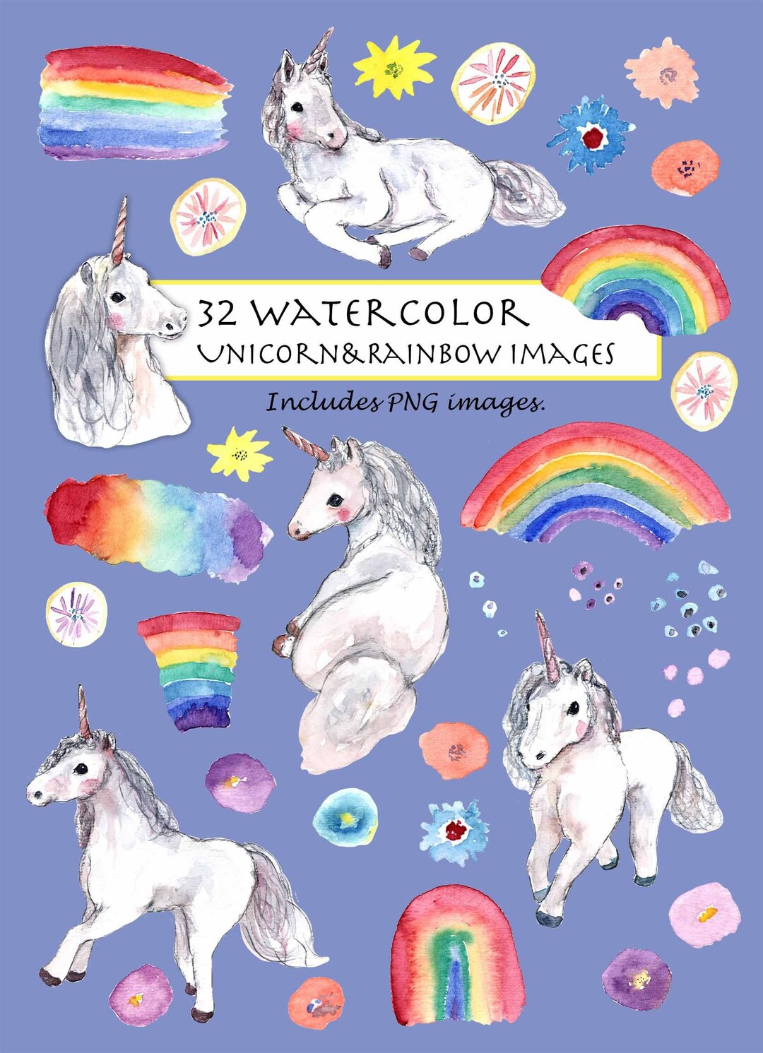 Watercolor Unicorn & Rainbow Clipart Set: Whimsical PNG Images (digital ...