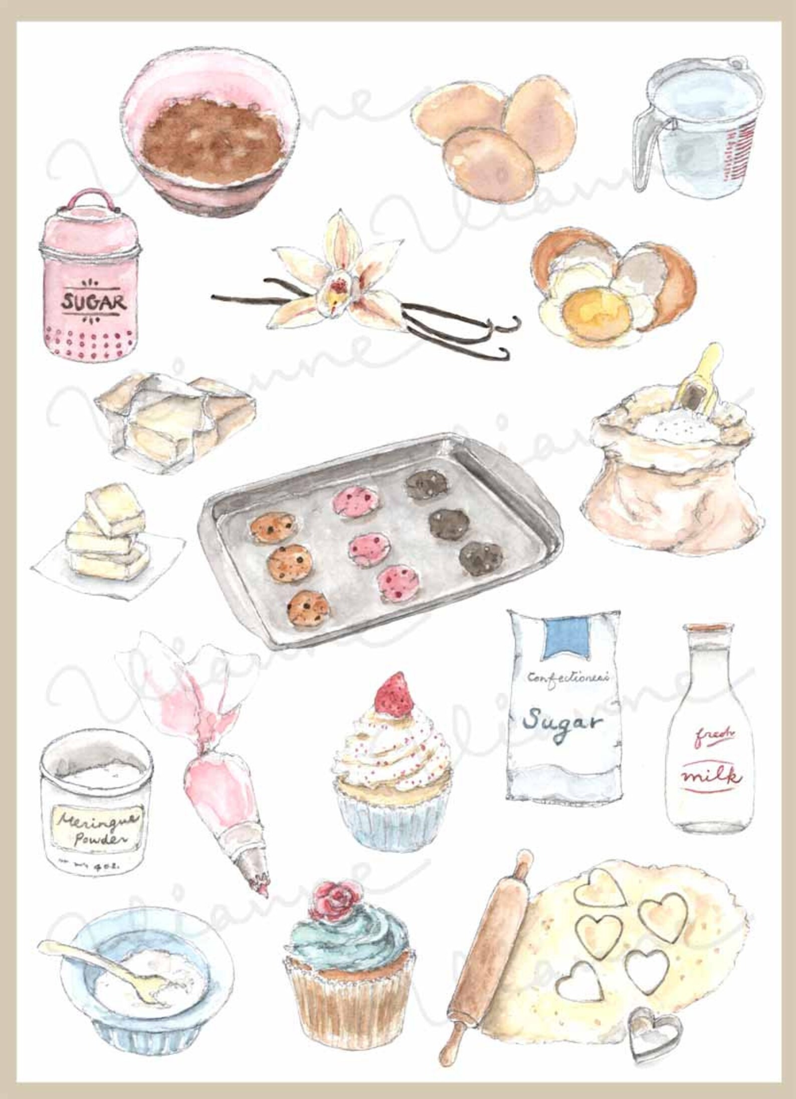 CLIP ART Watercolor Vintage Baking Ingredients Set. 18 Images. Digital ...