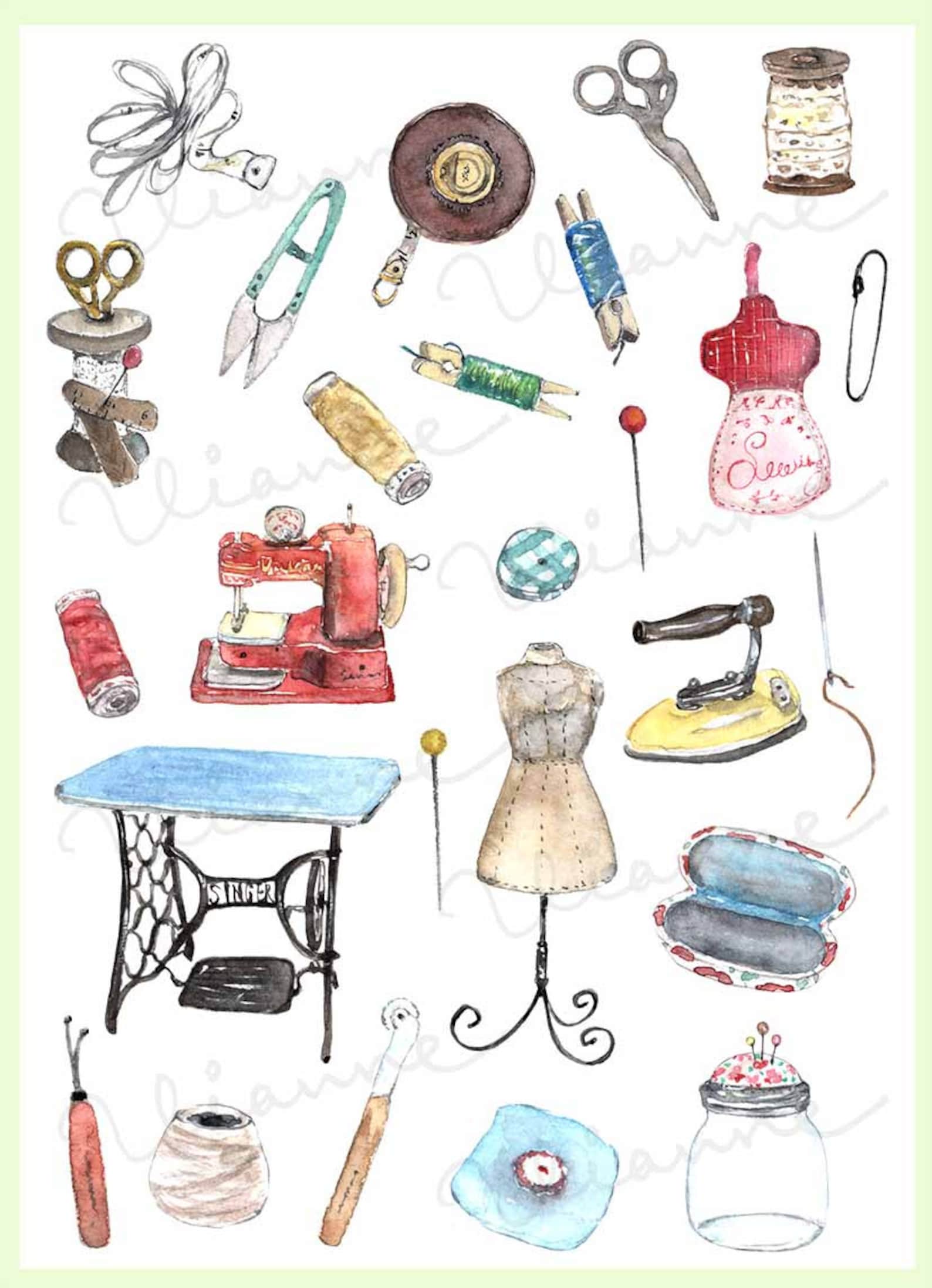 CLIP ART- Watercolor Vintage Sewing Supplies Set. 26 Images. Digital ...