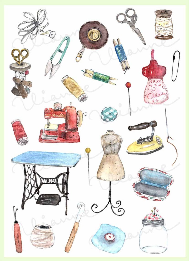 CLIP ART- Watercolor Vintage Sewing Supplies Set. 26 Images. Digital ...
