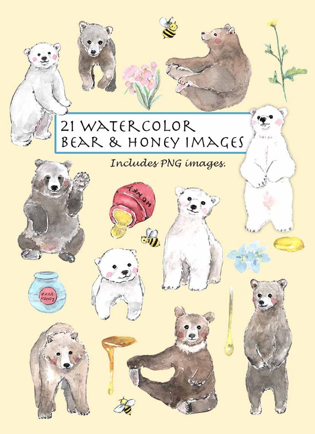 Watercolor Bear Clip Art: Bee & Honey Set (digital Download) - Etsy