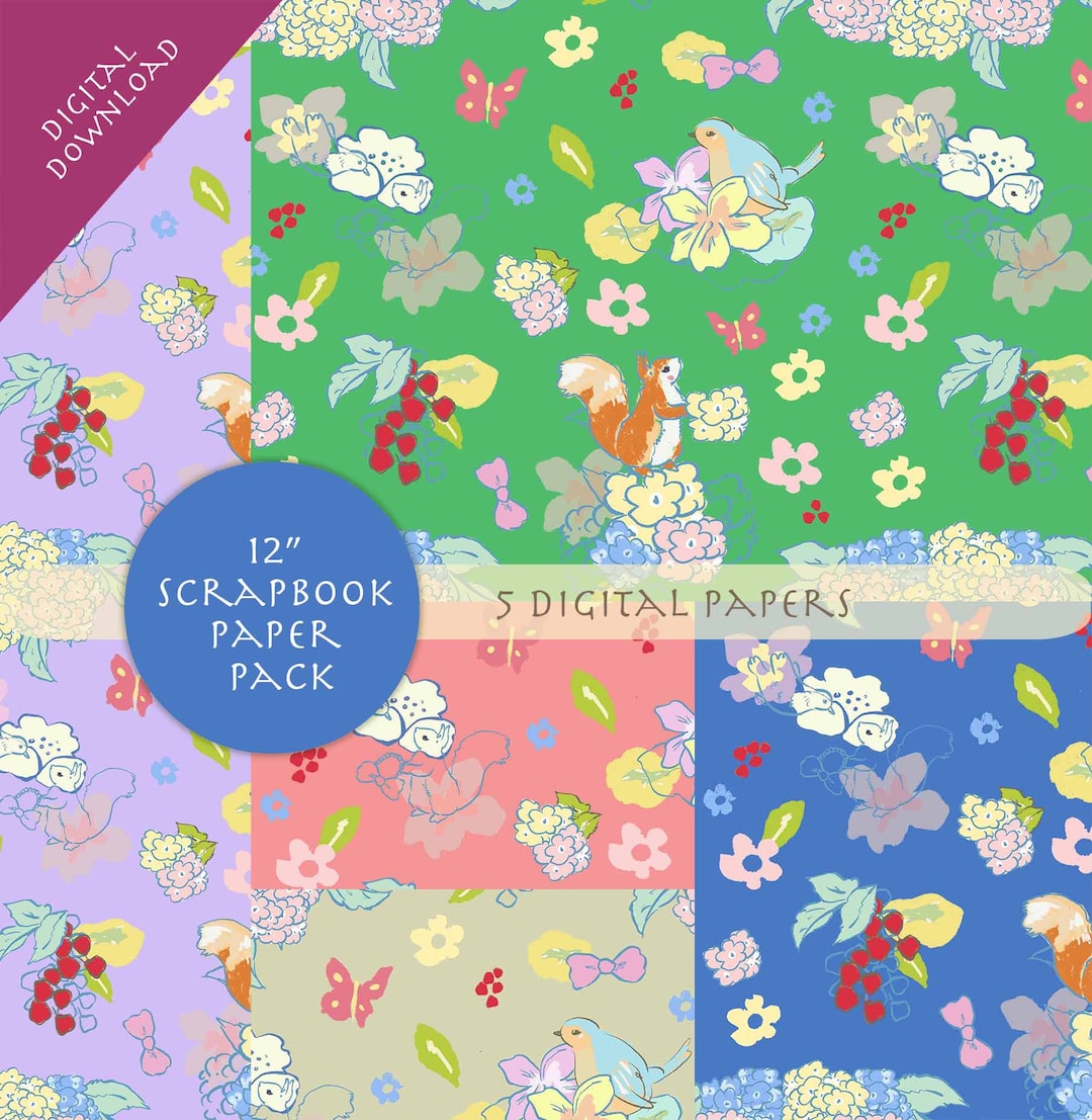 Watercolor Floral Digital Paper, Vintage Bird Squirrel Print (digital ...