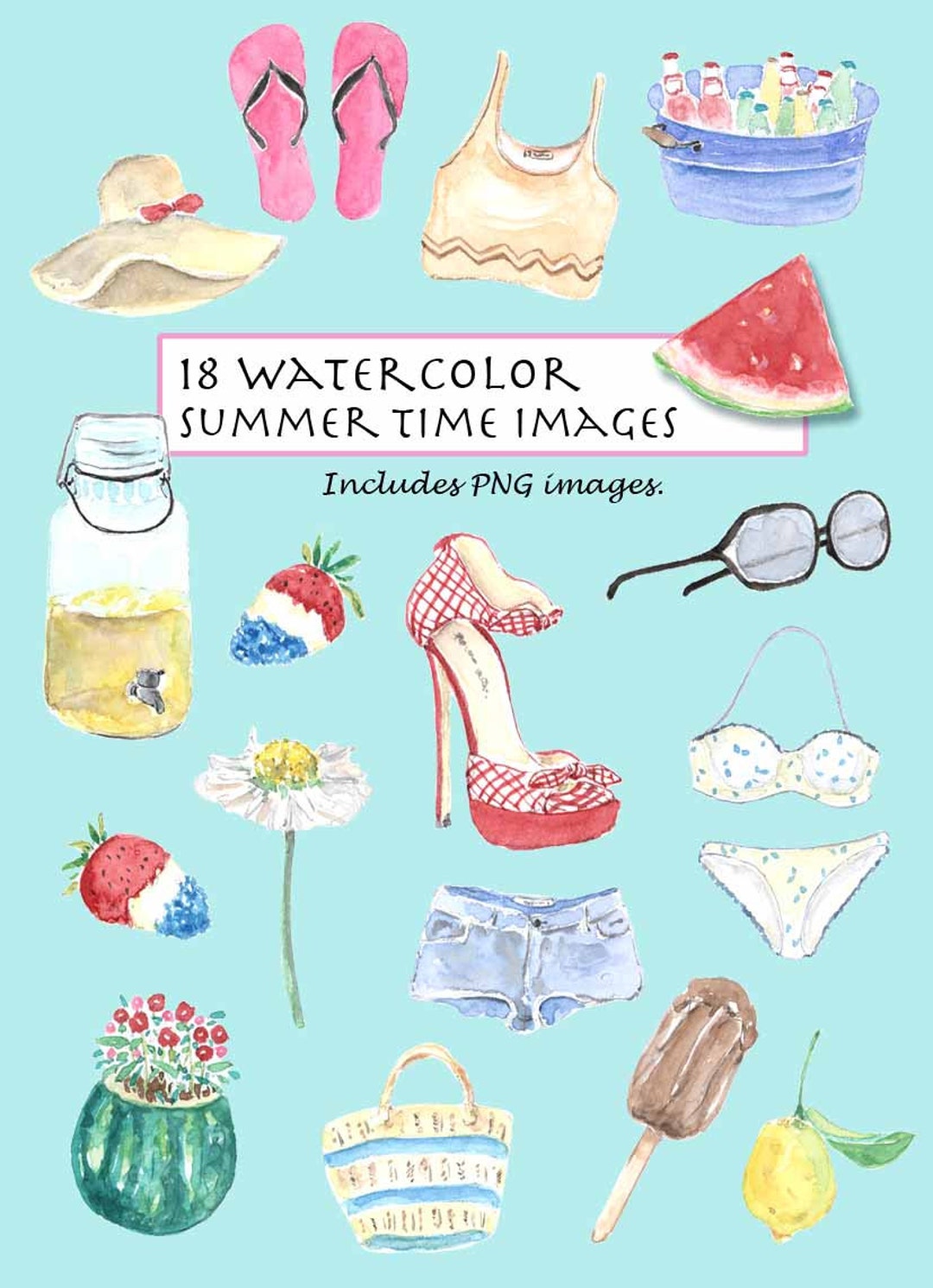 Watercolor Summer Clip Art Set: Vintage Style Images (digital Download ...