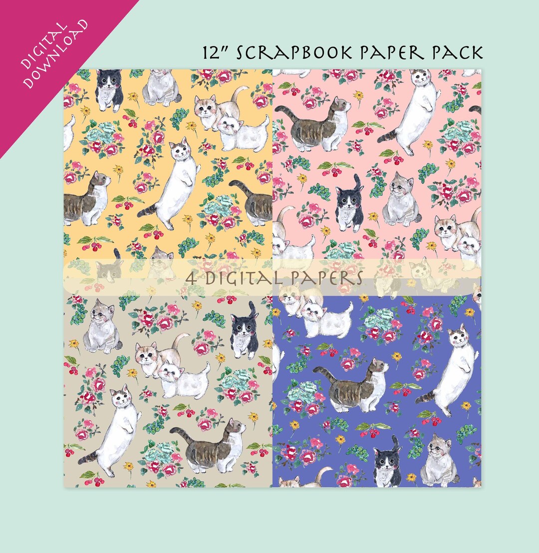Watercolor Cat Digital Paper Pack, Floral Pet Scrapbook (digital ...