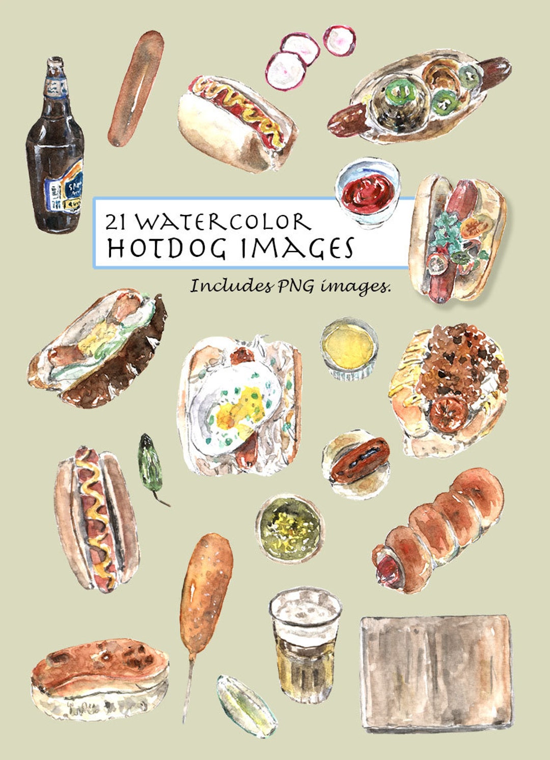 Watercolor Hot Dog Clipart Set: 21 PNG Images (digital Download) - Etsy