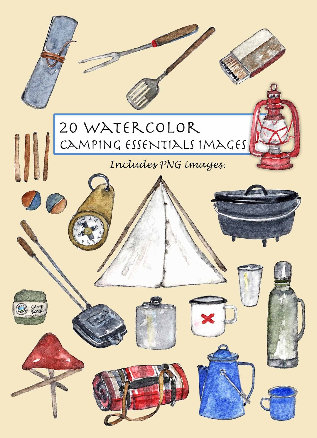 CLIP ART- Watercolor Camping Essentials Set. 20 Images. Digital ...