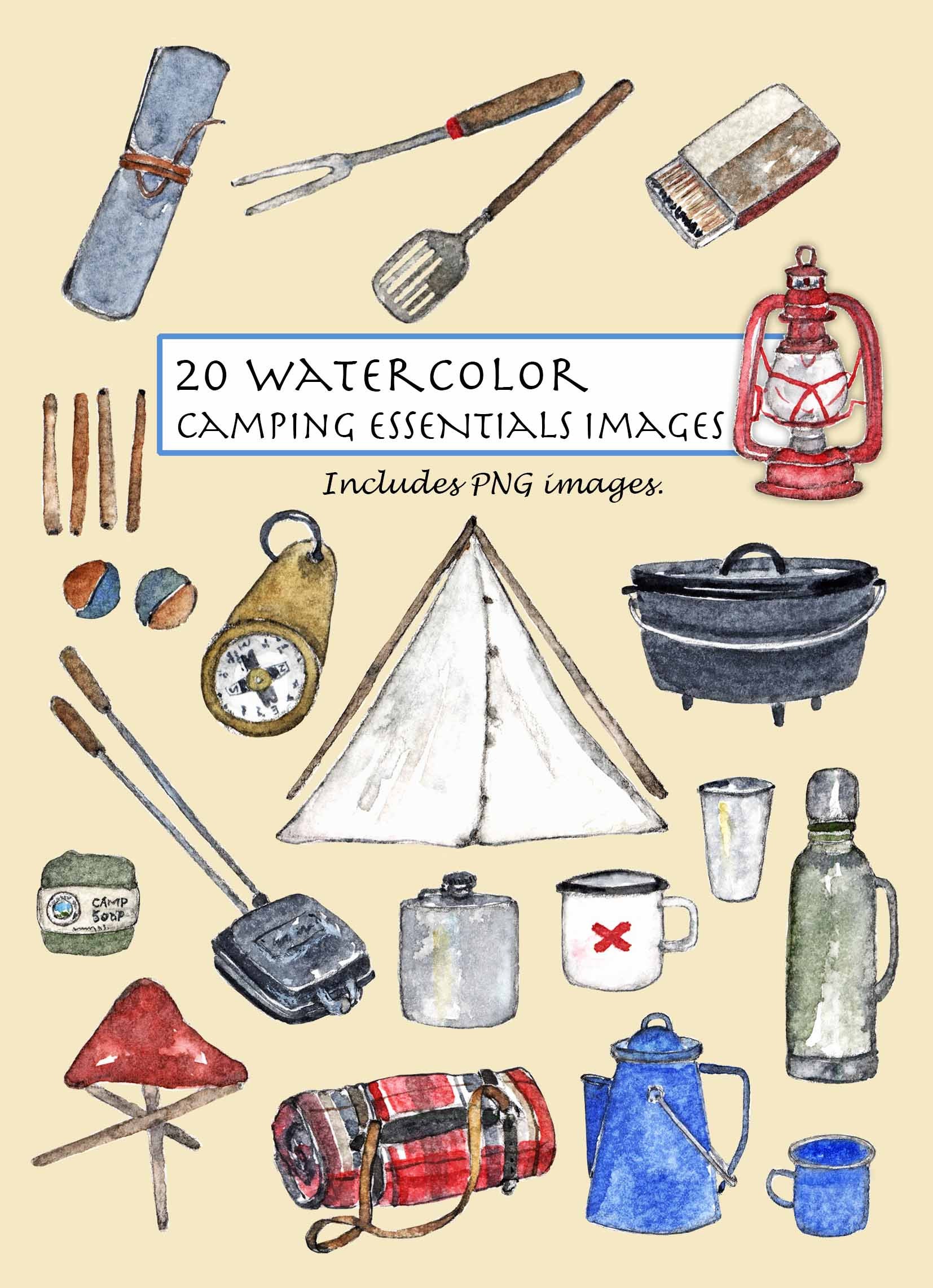 CLIP ART Watercolor Camping Essentials Set. 20 Images. - Etsy