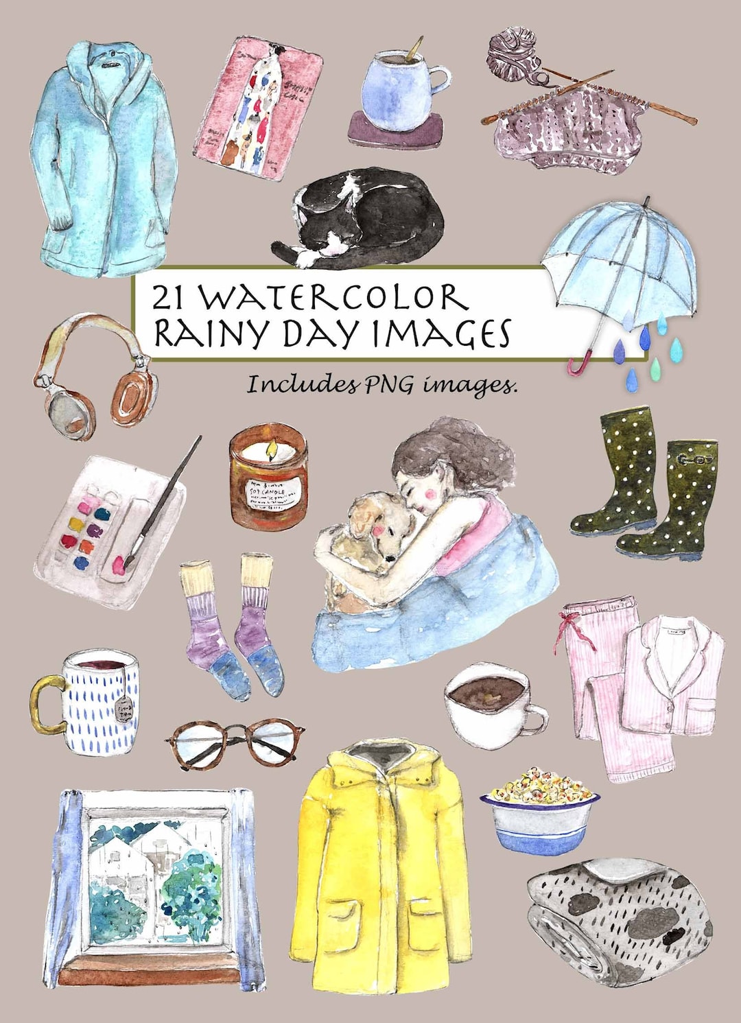CLIP ART- Watercolor Rainy Day Set. 21 Images. Digital Download. Cuddle ...