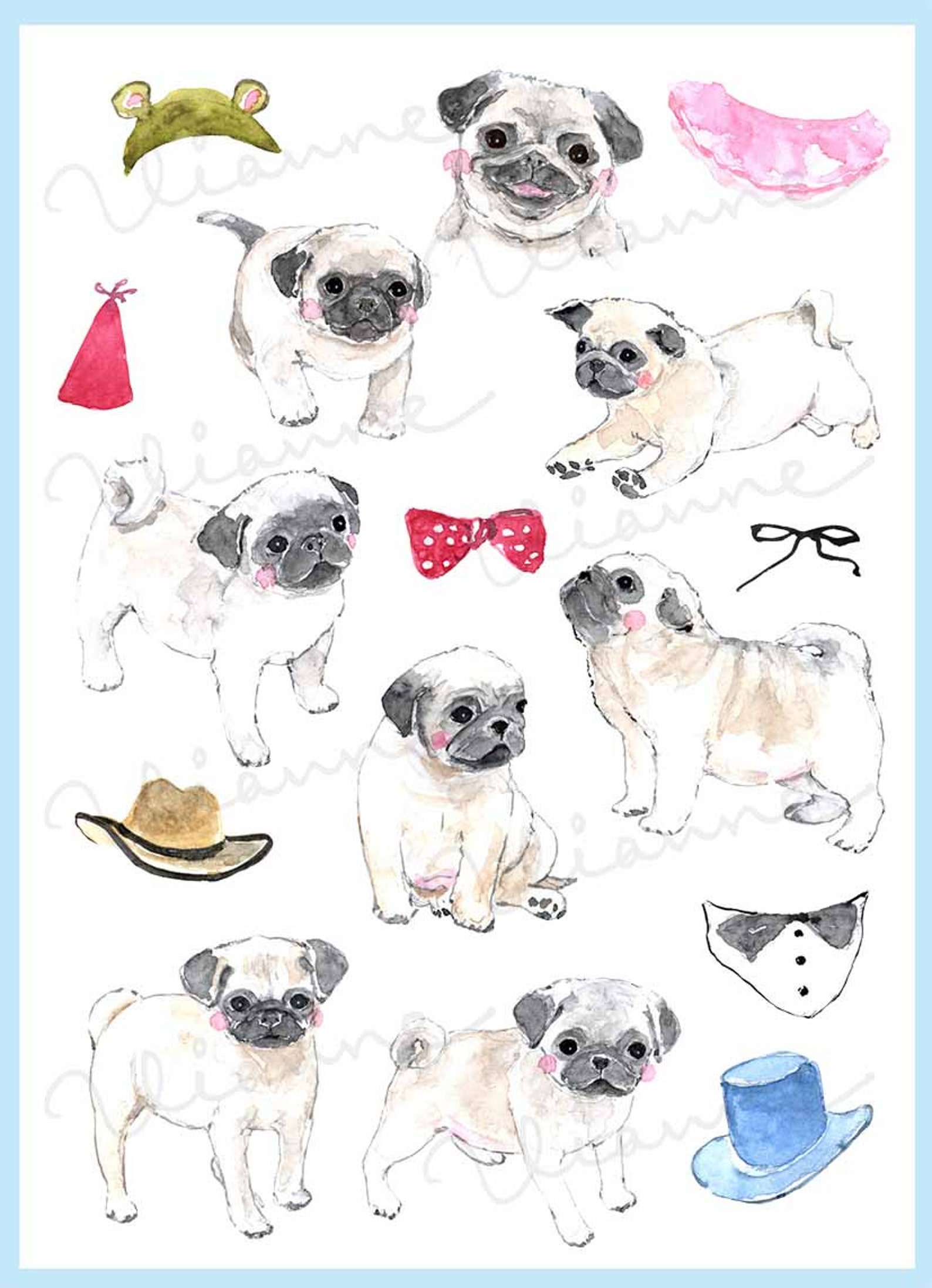 CLIP ART- Watercolor Pugs Set. 16 Images. Digital Download. - Etsy