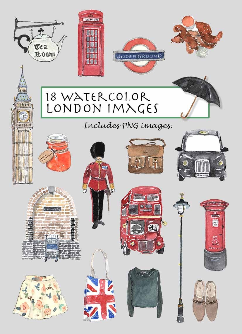 CLIP ART- Watercolor Vintage London Set. 18 Images. Digital Download ...