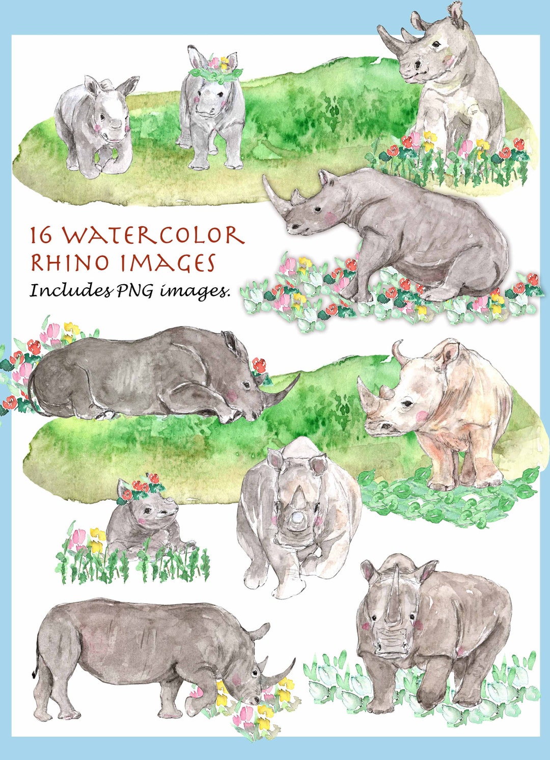 CLIP ART- Watercolor Rhino Set. 16 Images. Digital Download. Wild ...