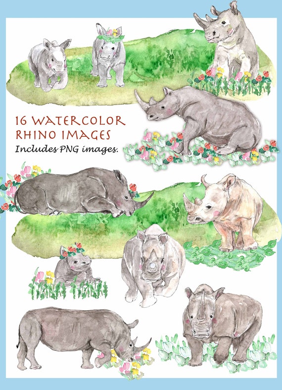 CLIP ART Watercolor Rhino Set. 16 Images. Digital Download. - Etsy