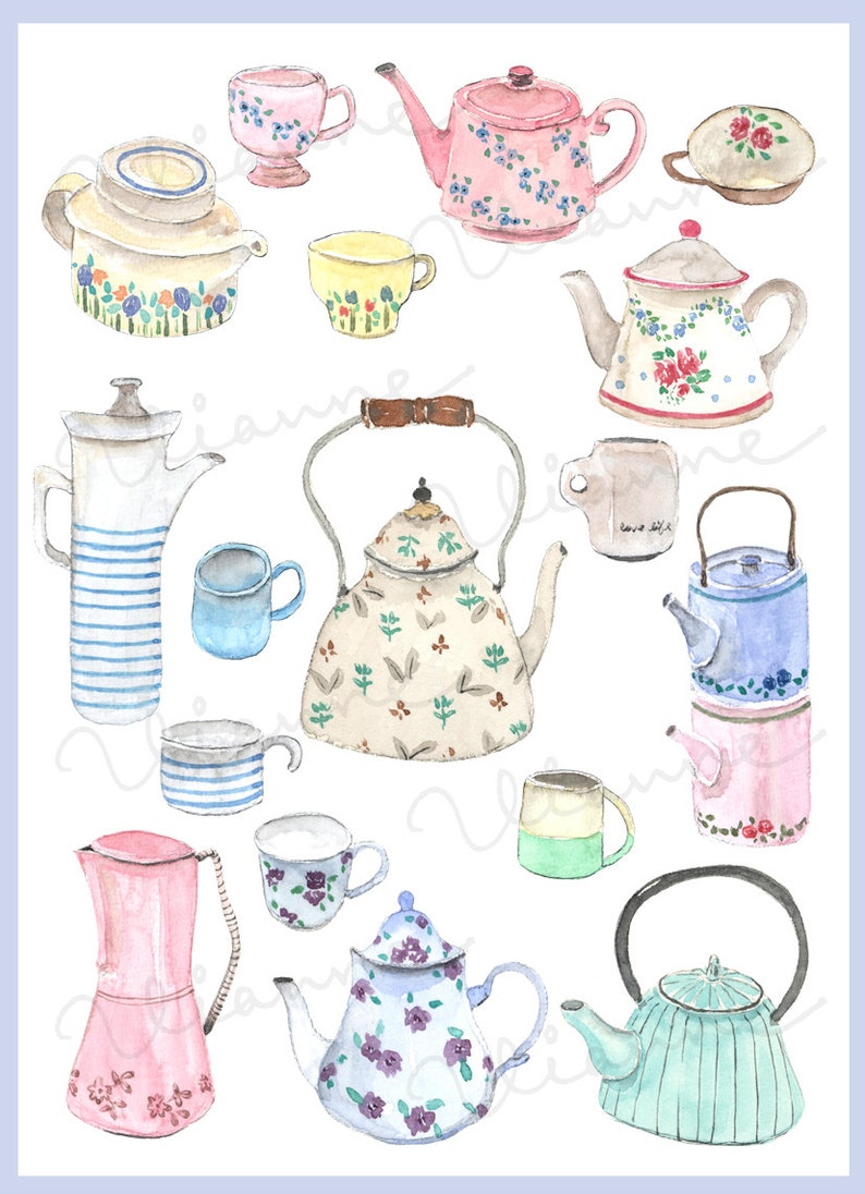 CLIP ART- Watercolor Vintage Teapot&cup Set. 17 Images. Digital ...