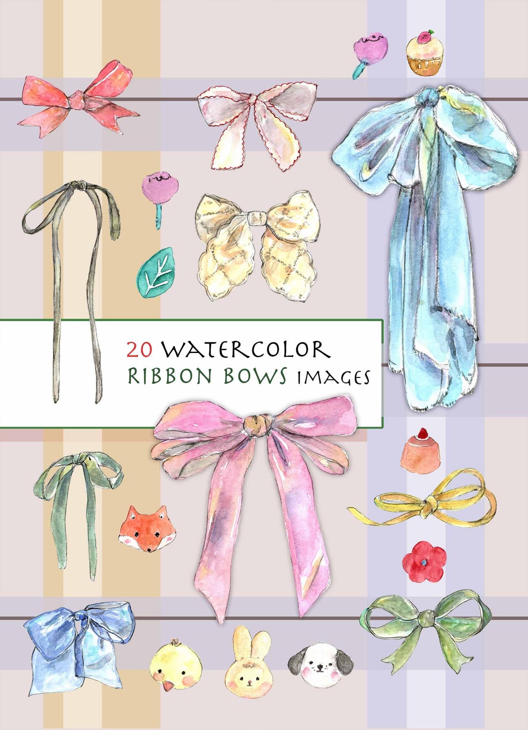 CLIP ART- Watercolor Vintage Ribbon Bows Set. 20 Images. Digital ...