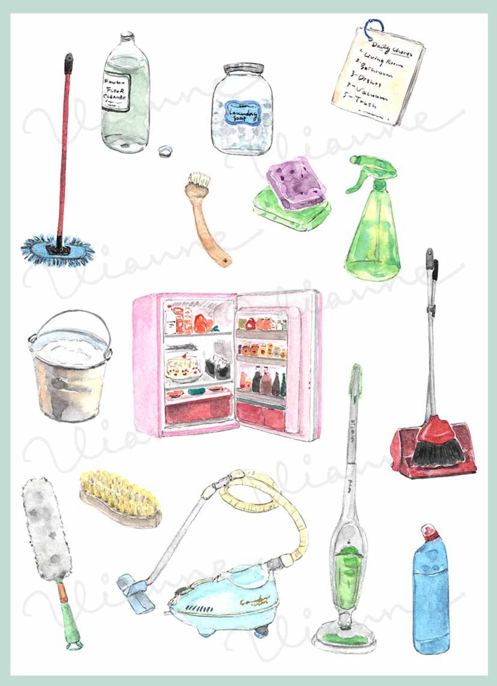 Watercolor House Cleaning Clipart: Vintage Chores Set (digital Download ...