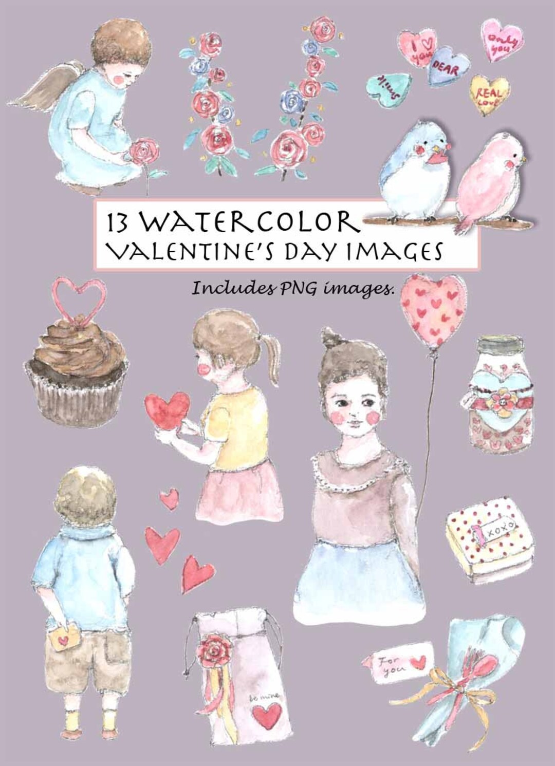 CLIP ART- Watercolor Vintage Valentine's Day Set. 13 Images. Digital ...