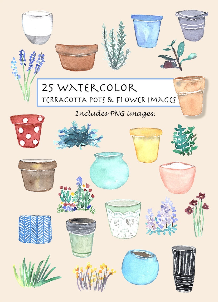 Watercolor Terracotta Pots & Flowers Clip Art (digital Download) - Etsy