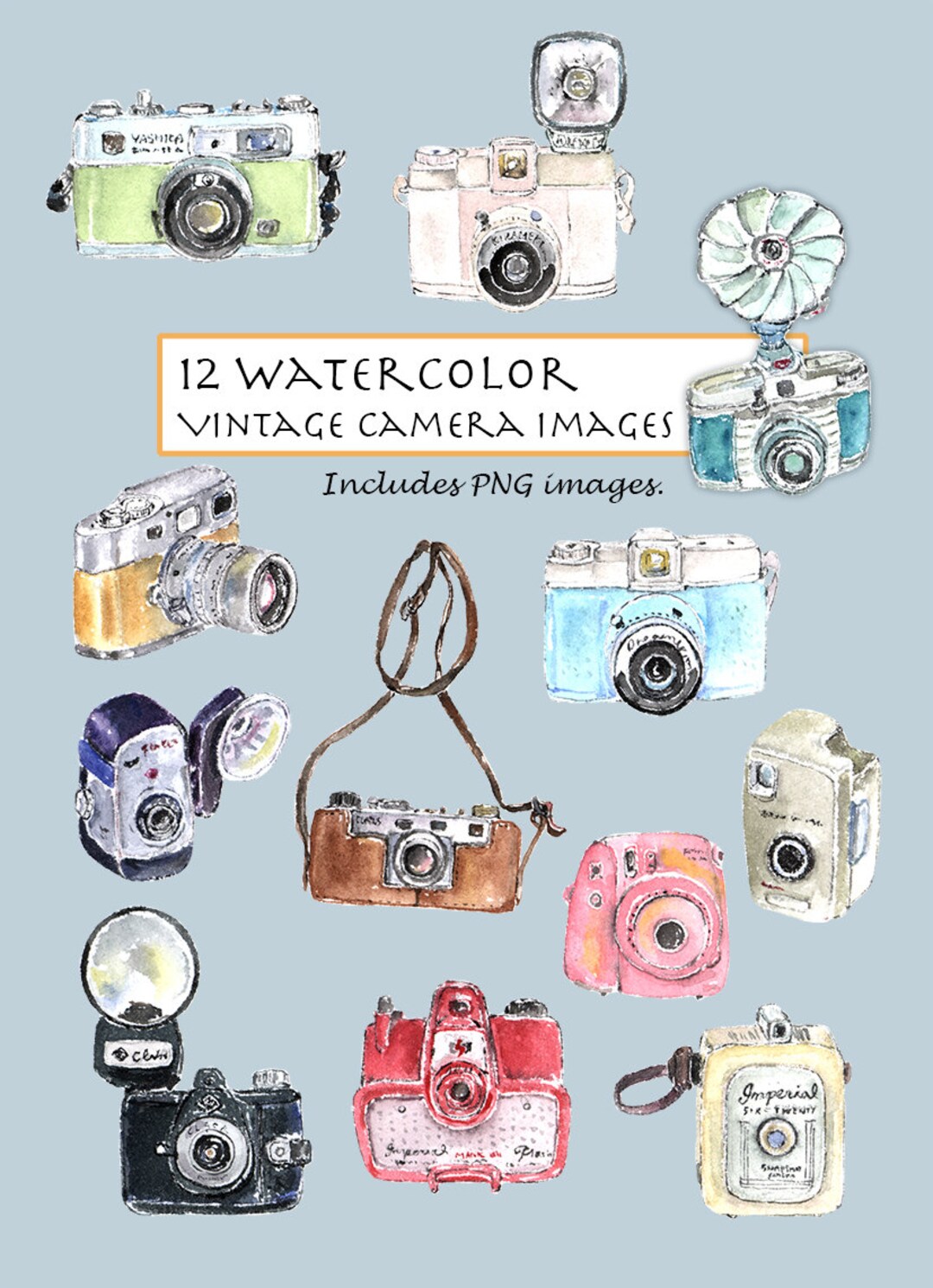 CLIP ART- Watercolor Vintage Camera Set. 12 Images. Digital Download ...